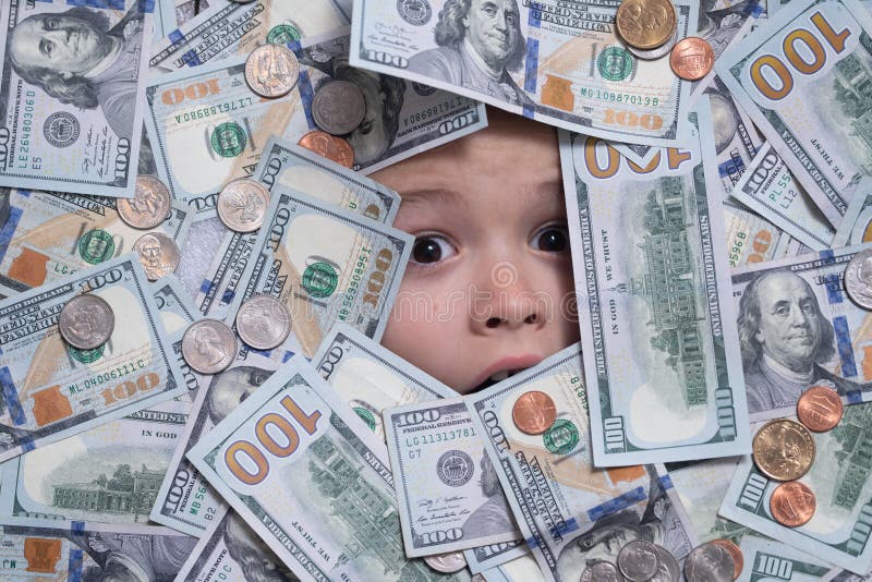 Kids Head in Money. Fun Kid Face on Dollars Money. Stock Image - Image ...