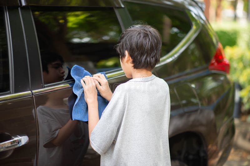 Kids Help To Wash Car at Home Stock Photo - Image of little, smile ...