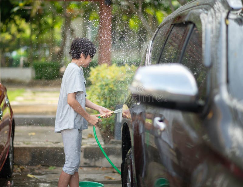 Kids Help To Wash Car at Home Stock Image - Image of caucasian, child ...