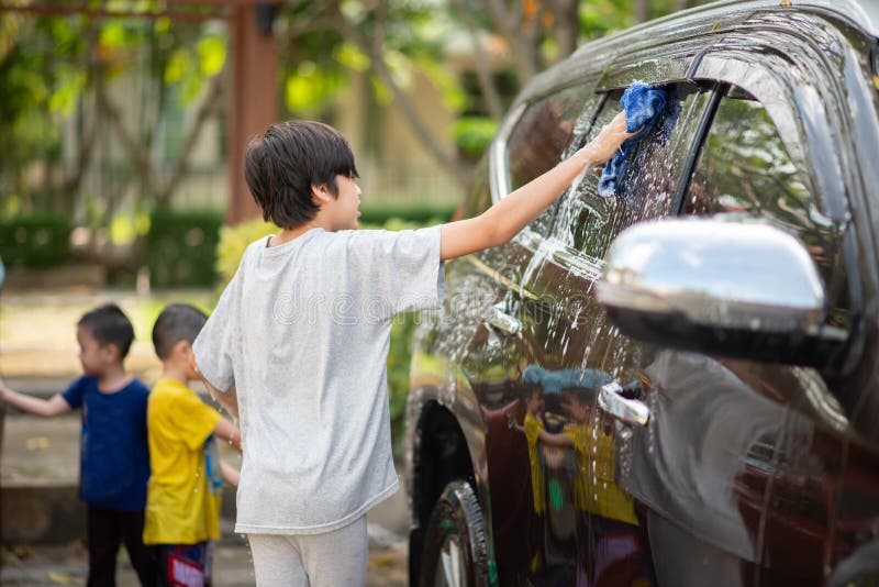 Kids Help To Wash Car at Home Stock Image - Image of chores, cute ...