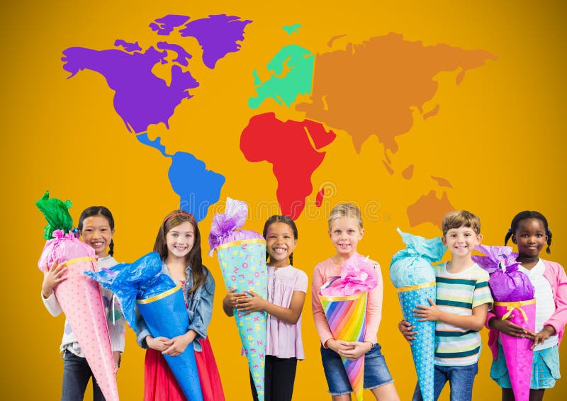 Kids Holding Cones in Front of Colorful World Map Stock Photo - Image ...