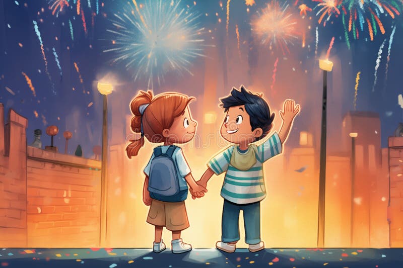 Kids Holding Hands in Awe of the Fireworks Stock Illustration ...