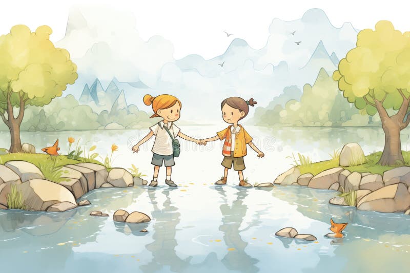 Kids Holding Hands while Crossing a Stream Stock Image - Image of ...
