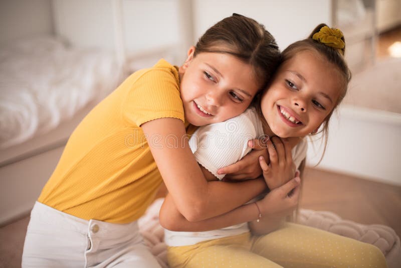 Happy Kids at Home. Sisters in Hug Stock Image - Image of home, room ...