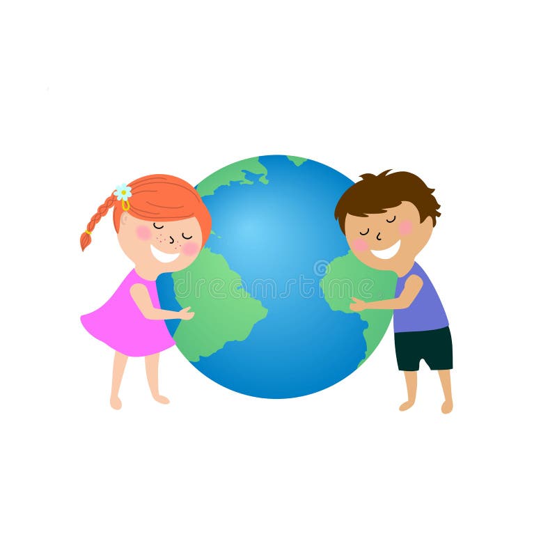 Kids Hugging Planet Earth, Vector Illustration Cartoon Design Isolated ...