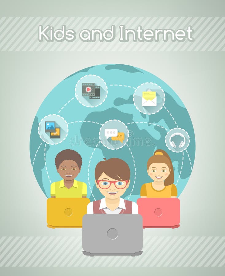 Kids with Computers and Social Media Icons Conceptual Flat Illustration ...