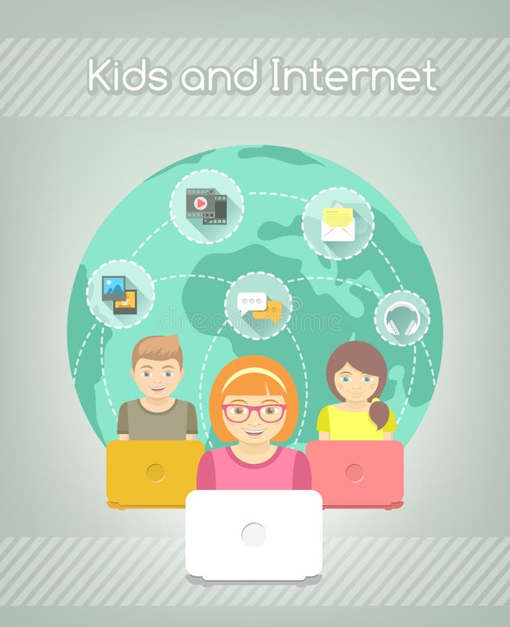 Kids with Computers and Social Media Icons Conceptual Flat Illustration ...