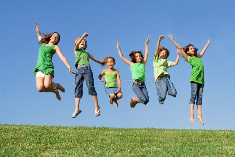 Jumping Kids with Flying Balloons in Summer Stock Image - Image of ...