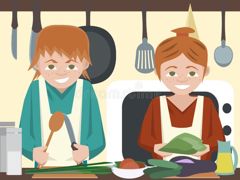 Kids at Kitchen Cooking Vegetables Vector Cartoon Stock Vector ...