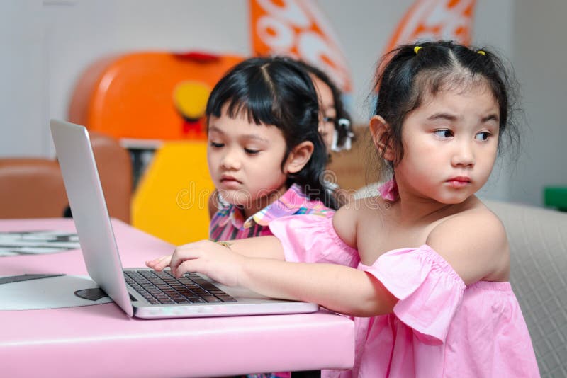 Kids with Laptop Computer, Distance Learning Online Education at Home ...