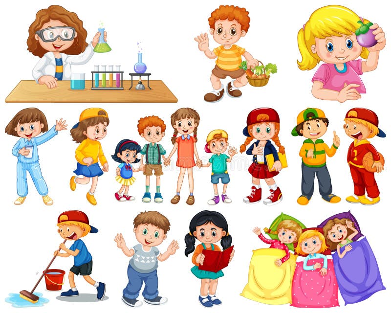 Kids in Large Group Acting Our Varoous Roles Stock Vector ...