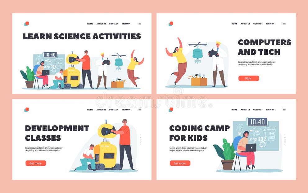 Kids Learn Science Activities Landing Page Template Set. Kids Programming Creating Robots in ...