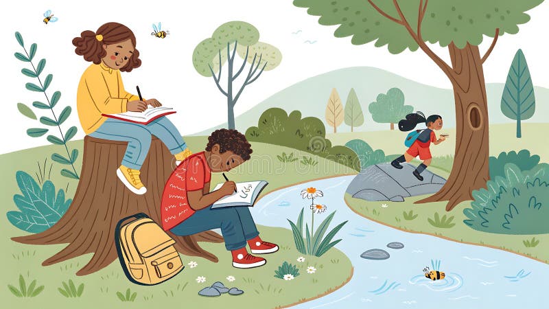 Kids Learning and Exploring in Nature – Vector Illustration Stock ...