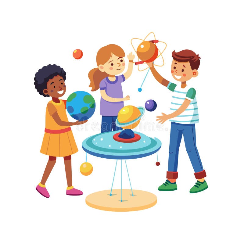 Kids Learning Science: Children with Solar System Model and Earth Globe ...