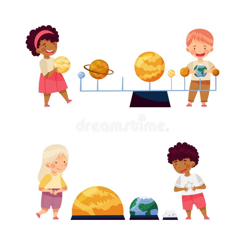 Kids Learning about Space Set. Boys and Girls Studying Planets of the ...