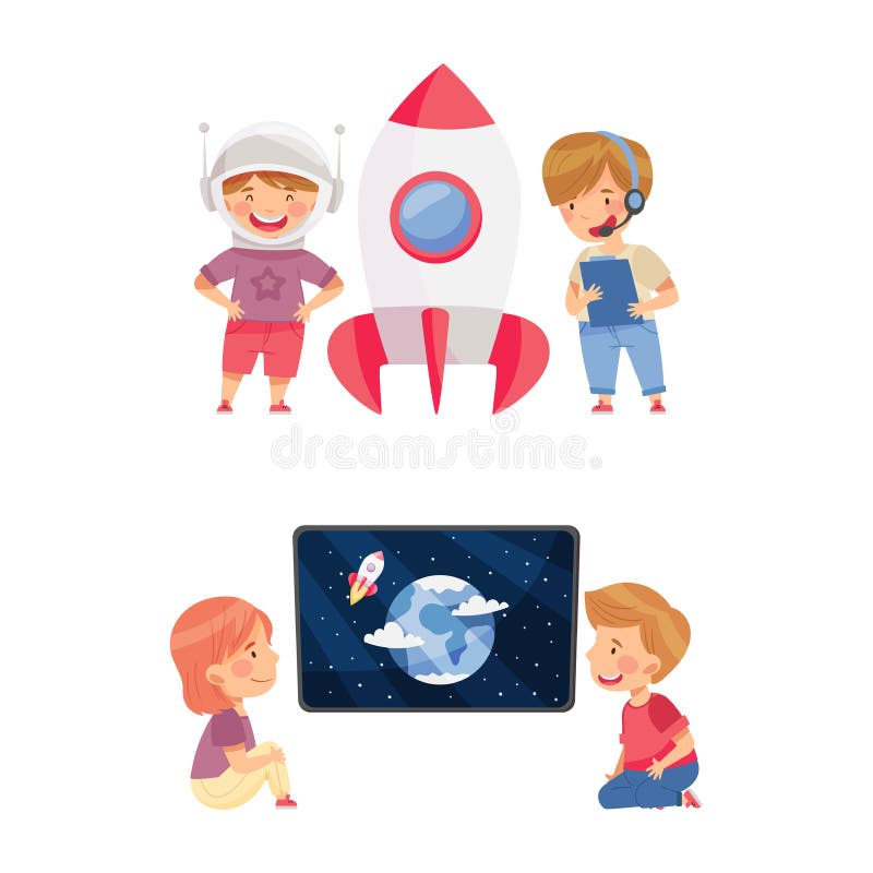 Kids Learning about Space Set. Cute Little Boys and Girls Studying ...