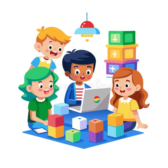 Kids Learning STEM Together: Children Coding with Blocks and a Laptop Stock Vector ...