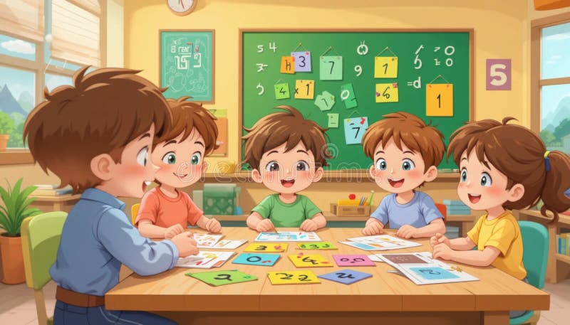 Kids Learning Together in Classroom Doing Math Game Stock Illustration ...