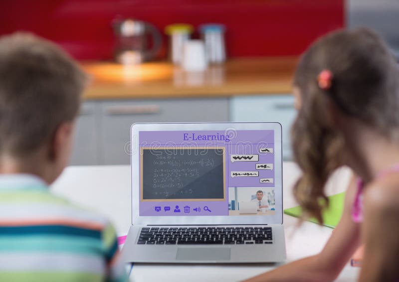 Kids Looking at a Computer with School Icons on Screen Stock Photo ...