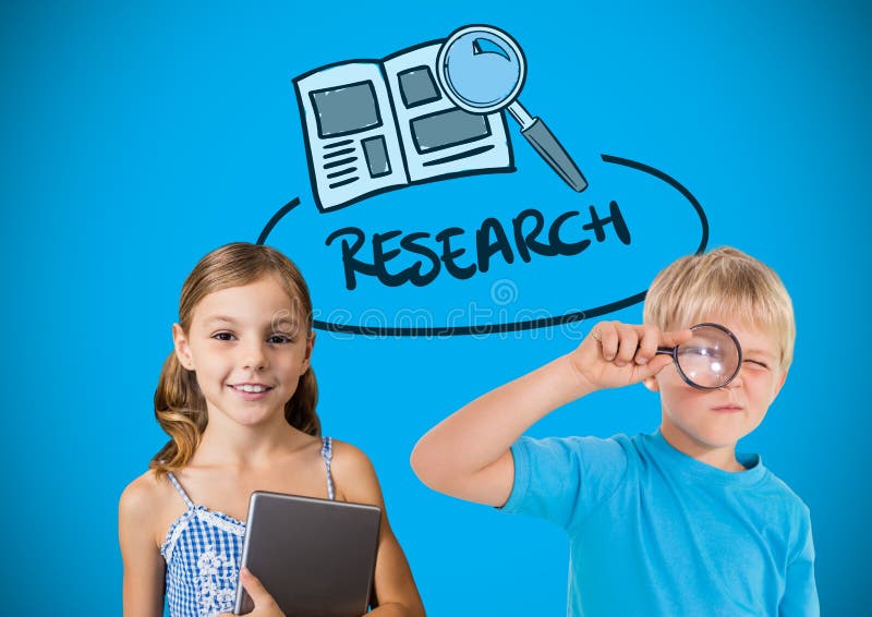 Kids with Magnifying Glass in Front of Blue Background and Research ...