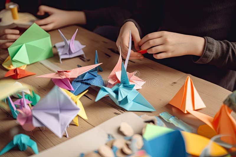 Kids, Making Paper Crafts and Origami for School Projects Stock ...