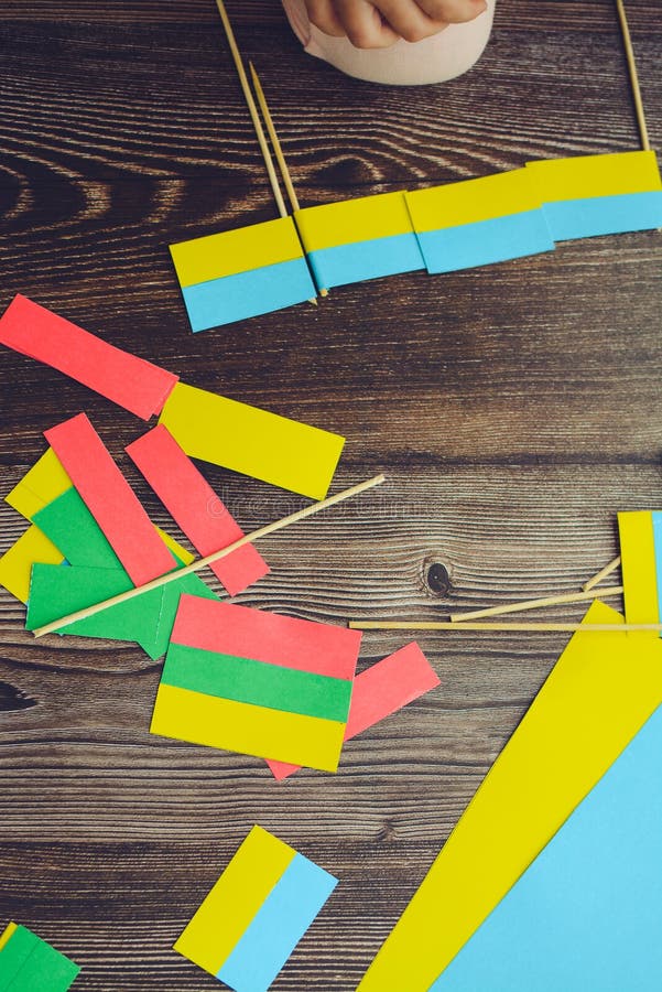 Kids are Making Small Paper Flags of Ukraine and Lithuania, Stock Image ...