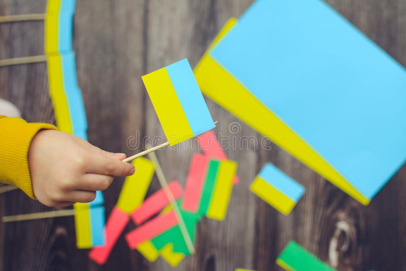 Kids are Making Small Paper Flags of Ukraine and Lithuania, Stock Image ...