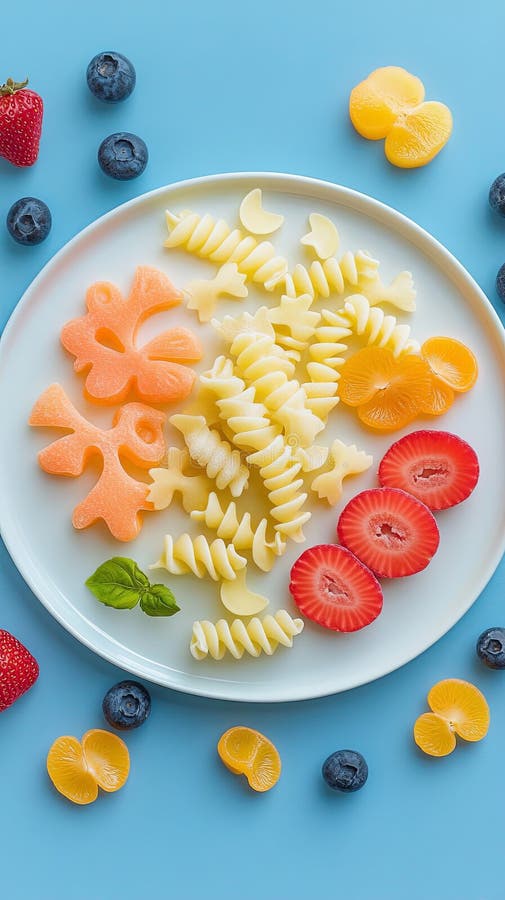 Kids Meal with Fruit Shapes and Pasta. Stock Photo - Image of kids ...