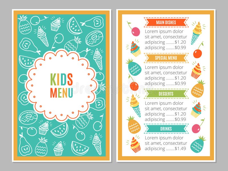 Cute Colorful Kids Meal Menu Vector Template Stock Vector ...