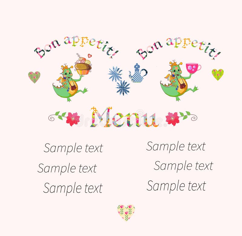 Kids Menu Template with Happy Dragons. Stock Vector - Illustration of ...