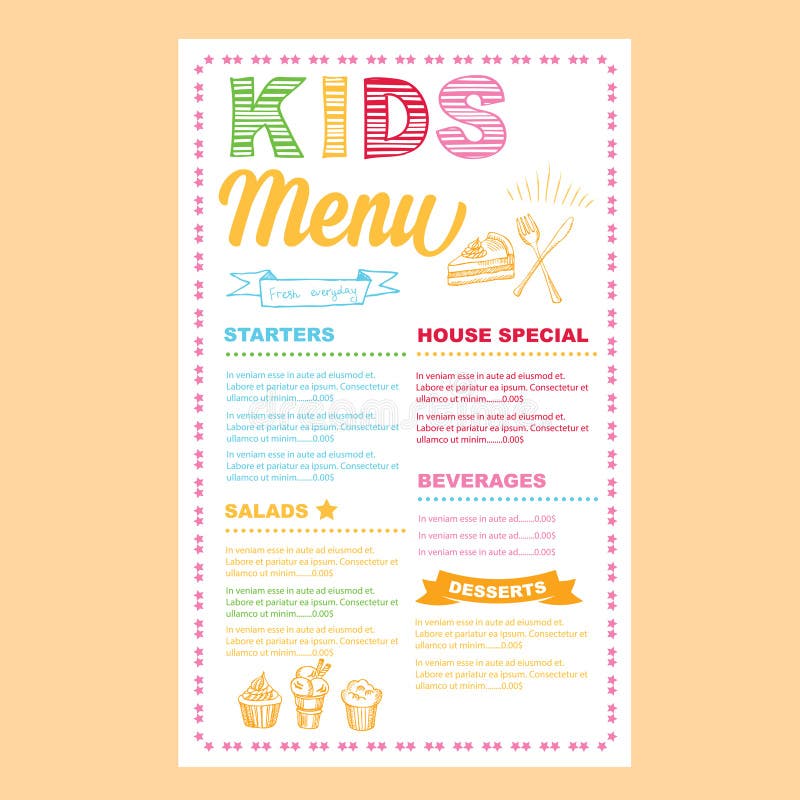 Kids Menu. Vector Template. Stock Vector - Illustration of restaurant ...