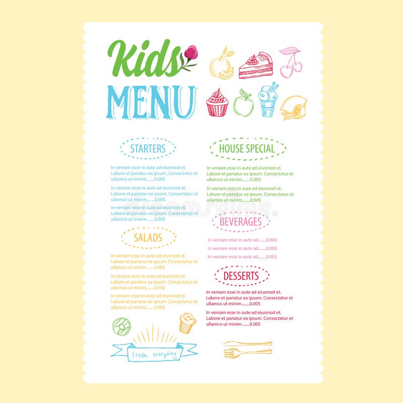 Cute Colorful Kids Meal Menu Template Stock Vector - Illustration of ...