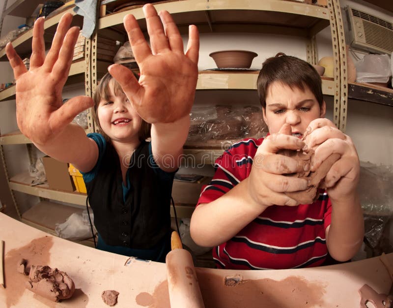 Kids with Messy Hands in Clay Studio Stock Photo - Image of children ...