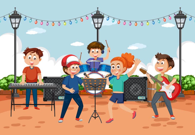 Kids Playing Music Park Cartoon Vector Illustration Stock Illustrations ...