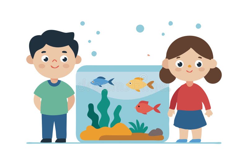 Kids Observing Fish in an Aquarium Stock Illustration - Illustration of ...
