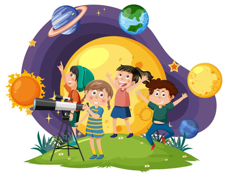 Kids Observing Planets with Telescope Stock Vector - Illustration of ...