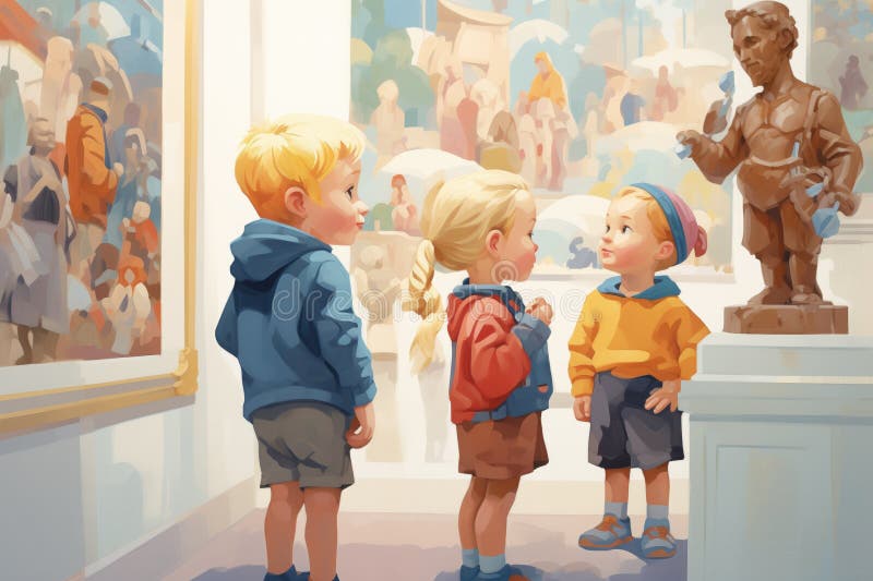 Kids Observing Works of Classical Art Stock Illustration - Illustration ...
