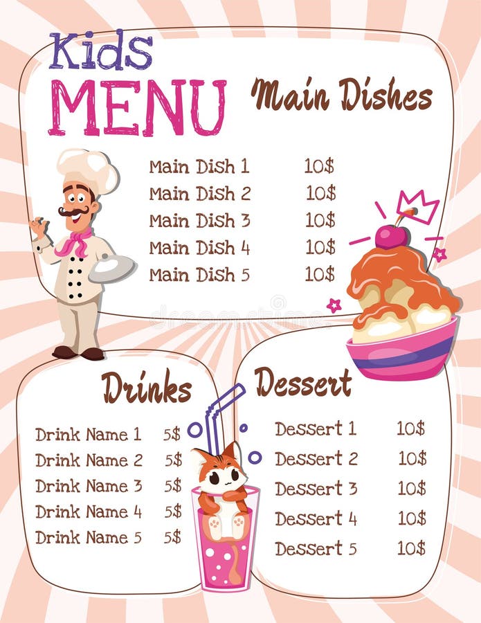 Kids One-page Menu for Main Dishes, Desserts and Drinks Stock Vector ...