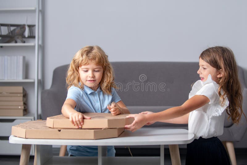 Kids Open Pizza Box at Home. Children Preparing To Eat Pizza. Stock ...