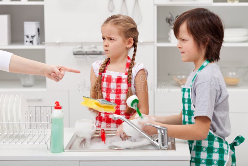 Grumpy Kids Doing Home Chores - Washing Dishes Stock Photo - Image of ...