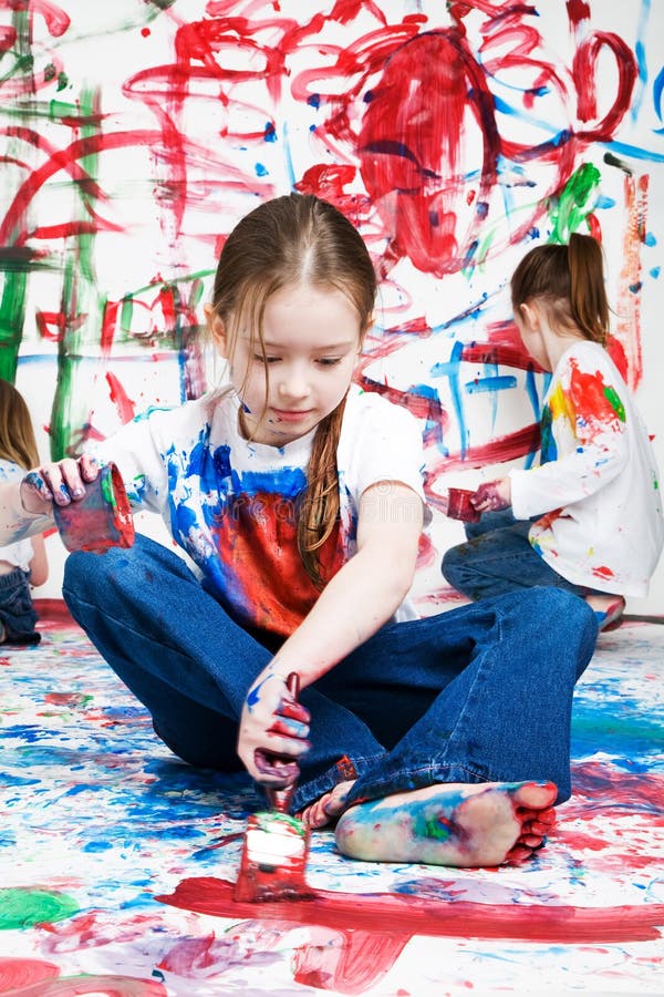 Two Happy Children Painting White Wall Stock Image - Image of lifestyle ...