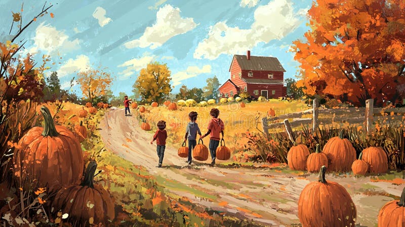 Kids Picking Pumpkins in a Pumpkin Patch Stock Illustration ...