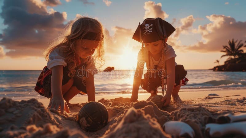 Kids in Pirate Attire Digging for Treasure at Sunset Stock Illustration ...