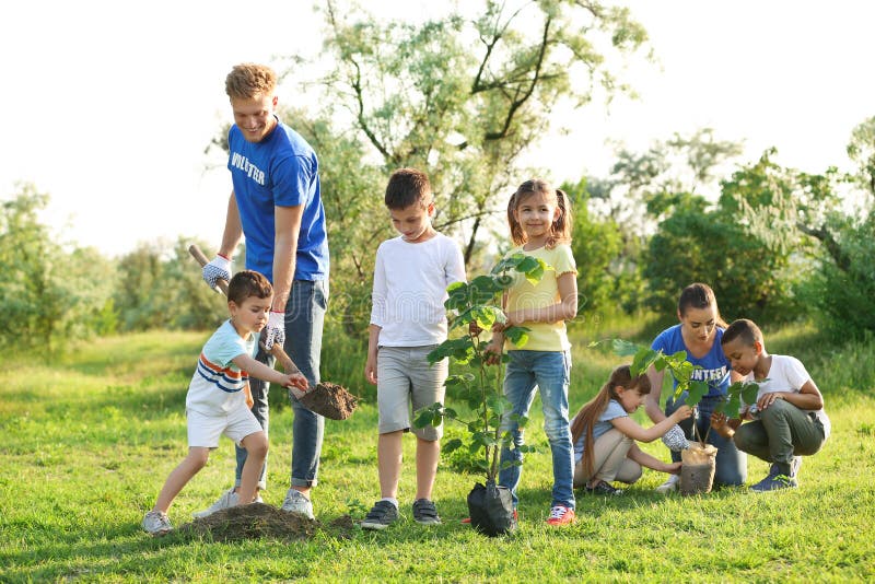 Kids Planting Trees with Volunteers Stock Image - Image of little ...