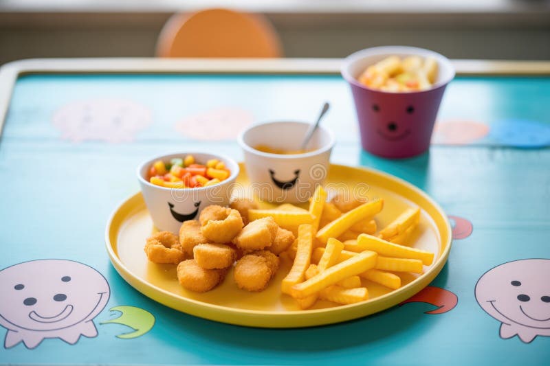 Kids Plastic Plate with Chicken Nuggets and Smiley Fries Stock Image ...