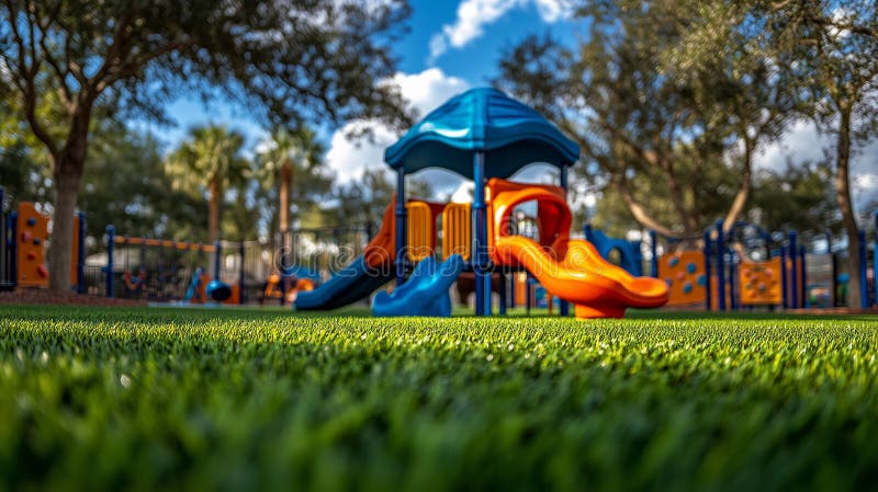 Kids Playground with Colorful Equipment on Artificial Turf Base Stock ...
