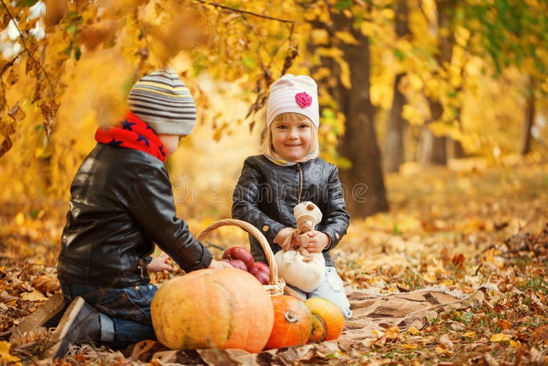 Kids Playing in in Autumn Park with Pumpkins and Apple. Stock Image ...