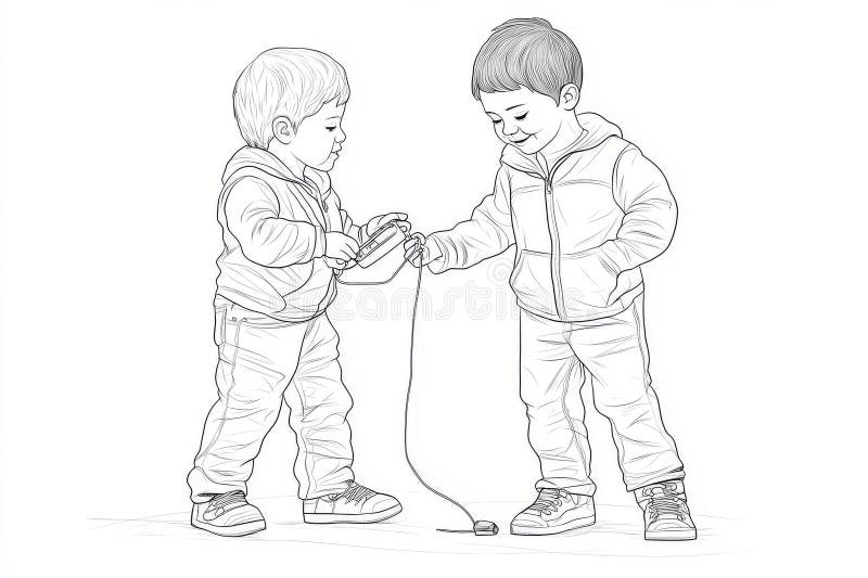 Kids are Playing with a Can Telephone, Highlighted in a One-line Draw ...