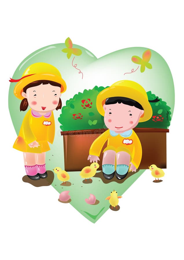 Kids Playing with Chicks. Vector Illustration Decorative Design Stock ...