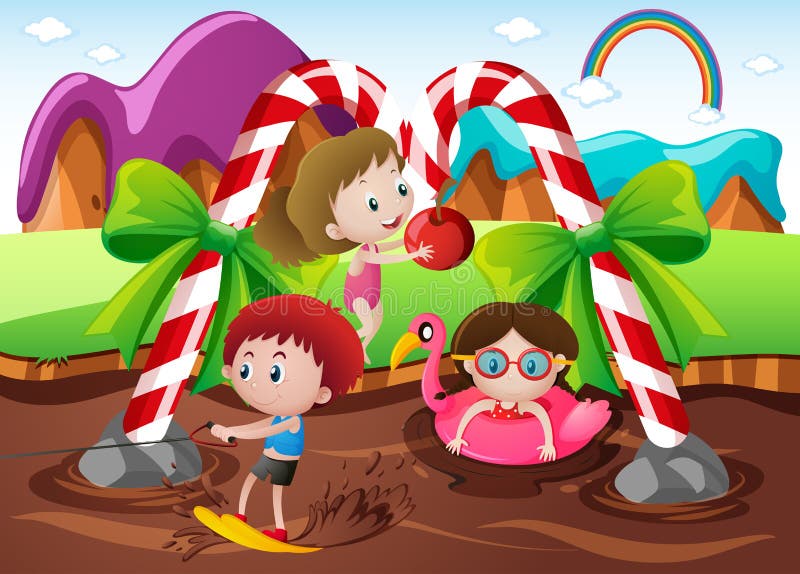 Kids Playing in Chocolate River in Land Stock Vector - Illustration of ...